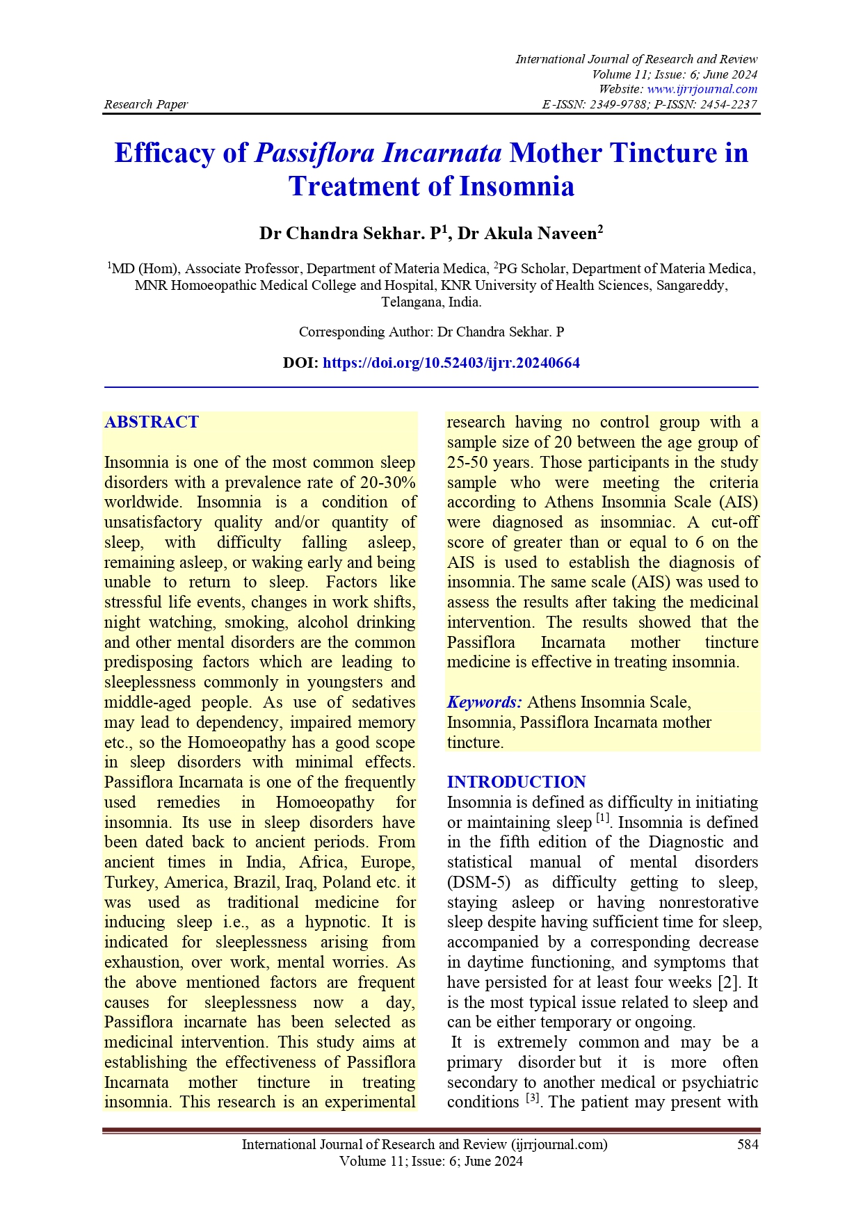 Research : Efficacy of Passiflora Q in treatment of Insomnia. - MRHP ...